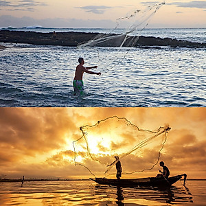 Lucky Monet 10/12/13.3/15ft Radius Large American Saltwater Fishing Cast Net for Bait Trap Fish, Easy Throw Thicken Nylon Line w/Upgraded Steel Chain Sinker, 5/8 Inches Mesh Size