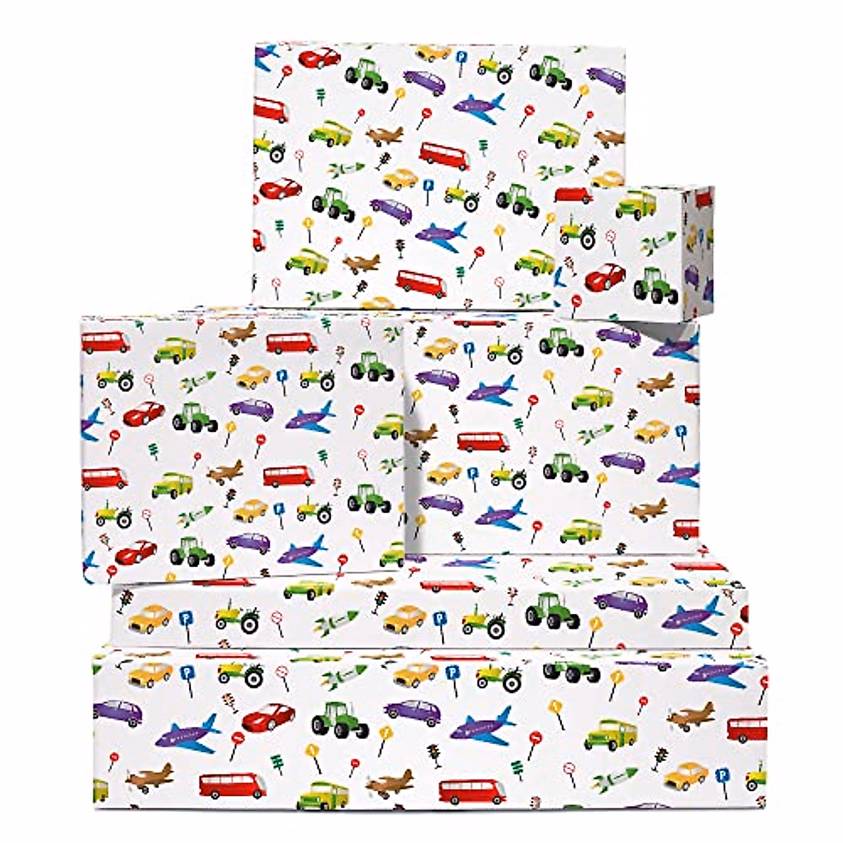 CENTRAL 23 Boys Birthday Wrapping Paper - 6 Sheets of Gift Wrap - Car Rocket Airplane Tractor Gifts - For Birthday Baby Shower - Recyclable