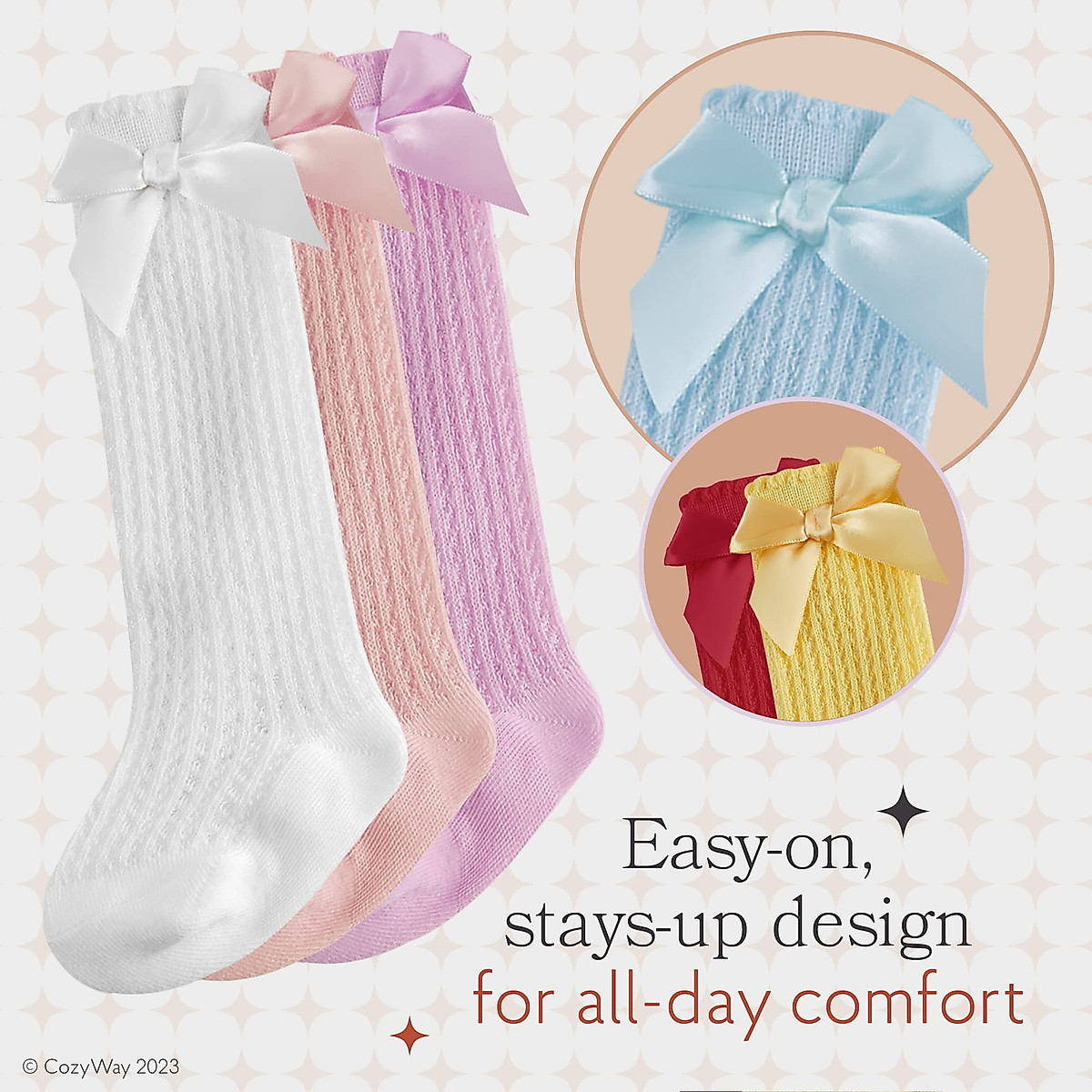 CozyWay Baby & Toddler Knee High Bow Socks, 6 Pack for Girls, Pastel Colors, 0-9 Months Old