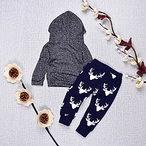 2PCs Baby Deer Print Hoodies with Pocket Top + Striped Long Pants Autumn Outfit Set (6-12M(Tag80), Grey&Dark Blue)