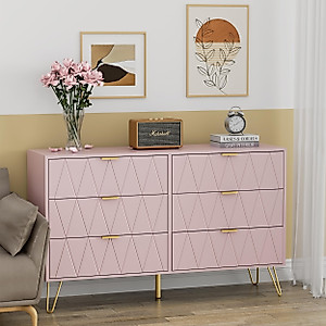 UEV 6 Drawer Dresser for Bedroom,Pink Dresser with Wide Drawers and Metal Handles,Modern Dresser Chest for Bedroom,Living Room,Entryway(Large Pink)