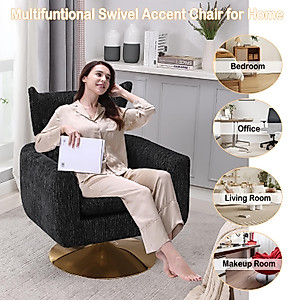 TehRecBT Modern Swivel Barrel Chair, Comfy Swivel Accent Armchair w/Gold Base, 360 Degree Swivel Club Chair Sofa Arm Leisure Chair for Nursery Bedroom Living Room Home Office (Black)