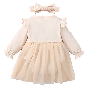 SOBOWO Beige Baby Dress Beige Baby Girl Outfit Infant Girl Tutu Dress Baby Ruffle Romper Dress Toddler Girl Skirt Headband Party Clothes(0-3 Months, Beige L)