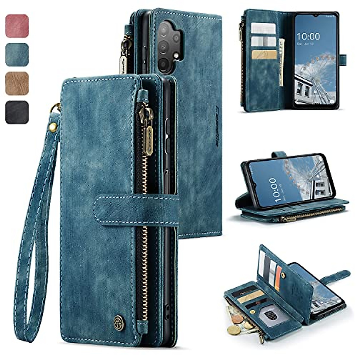 REEGINCH Samsung Galaxy A13 5G Case, Samsung A13 4G Wallet Case for Women Men, Durable PU Leather Case Magnetic Flip Zipper Card Holder Wristlet Strap Kickstand Phone Case for Samsung Galaxy A13, Blue