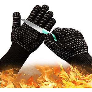 Oven Gloves 932°F Heat Resistant 2 Pc Gloves, Black XL Size Cut-Resistant Grill Gloves, Non-Slip Silicone BBQ Gloves, Kitchen Safe Cooking Gloves for All, Oven Mitts,Smoker,Barbecue,Grilling