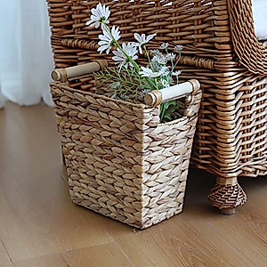 JJSQYLAN Woven Water Hyacinth Storage Basket Wastebasket Straw Storage Basket Decorative Storage Basket with Wood Handles for Kitchen, Home, Office, Craft, Laundry, Utility Room
