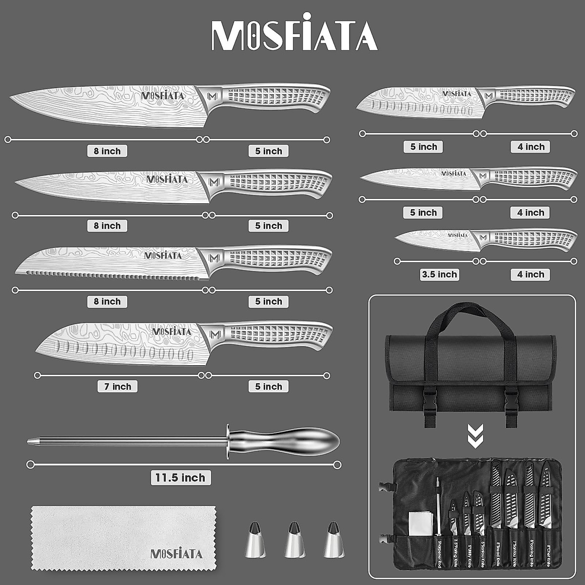 MOSFiATA Kitchen Knife Set, 12 Pcs Japanese Stainless Steel Knife Sets for Kitchen with Oxford cloth storage bag with Knife Sharpening Rod, Dishwasher Safe, For Outdoor