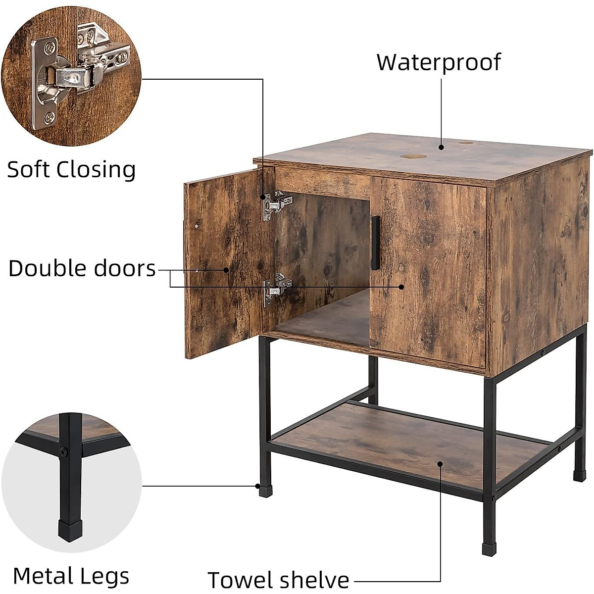 UEV 24" Antique Bathroom Vanity, Dark Brown Bathroom Vanity Set with Sink Combo, Iron Wood Bathroom Cabinet with Adjustable Water Temperature Faucet (A09)
