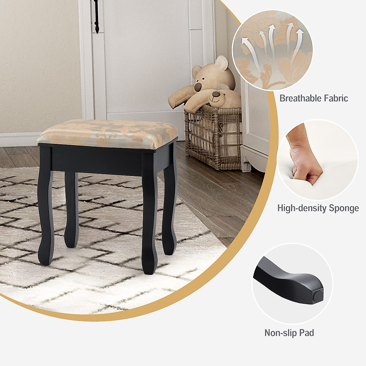 COSTWAY Vanity Desk Set with Mirror, Vanity Desk and Cushioned Stool Set with 5 Storage Drawers, Makeup Dressing Table for Bedroom Women Girls (Black)