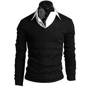 LemonGirl Comfortably Mens Slim Fit Longsleeve Light Weight V-Neck Pullover Sweaters Black