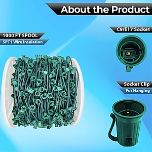 MIK Solutions 1000 Feet C9 Christmas Spool Green Wire with Socket Stringer Bulk Reel, 12" Spacing, Intermediate Base (C9/E17), SPT-1 (1000, 1000Ft)