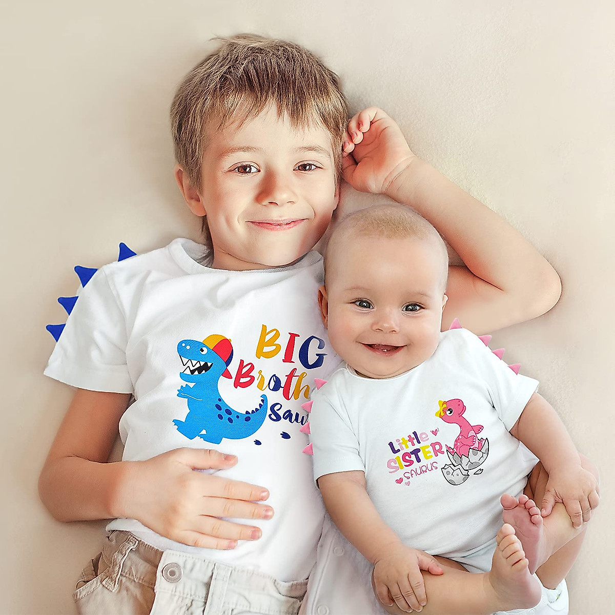 WAWSAM Big Brother Little Sister Matching Outfits Dinosaur Sibling Shirts Set Gift, White, 3T(Kid)/0-3M(Baby NB)