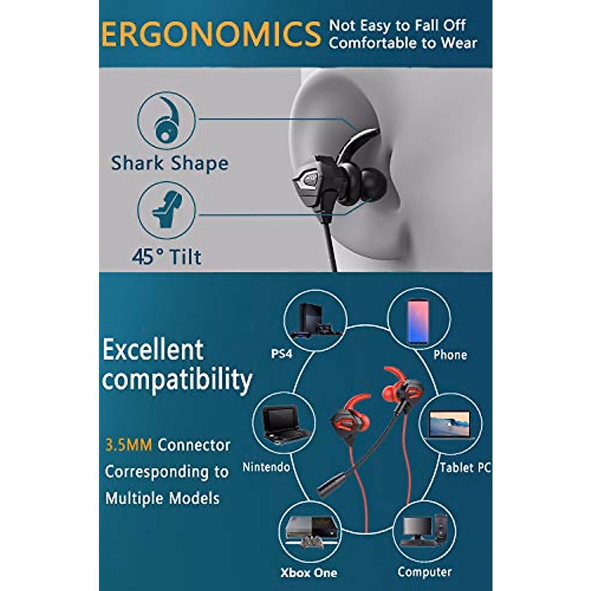 KASOTT Gaming Earbuds with mic Deep Bass Earphones in-Ear Headset Stereo Headphone with Detachable Dual Microphone for Mobile Gaming, Xbox One, PS4, Pro, PC (Red)