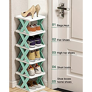 6 Tier Narrow Shoe Rack, Small Vertical Shoe Stand, Space Saving DIY Free Standing Shoes Storage Organizer for Entryway, Closet, Hallway, Easy Assembly and Stable in Structure, White and Green
