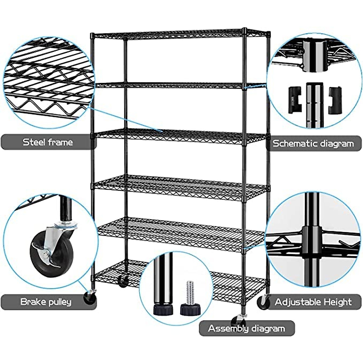 HCB 6-Tier Storage Shelf Heavy Duty Wire Shelving Unit 76"x48"x18" Height Adjustable Metal Steel Wire with Casters for Restaurant Garage Pantry Kitchen Rack (Black)