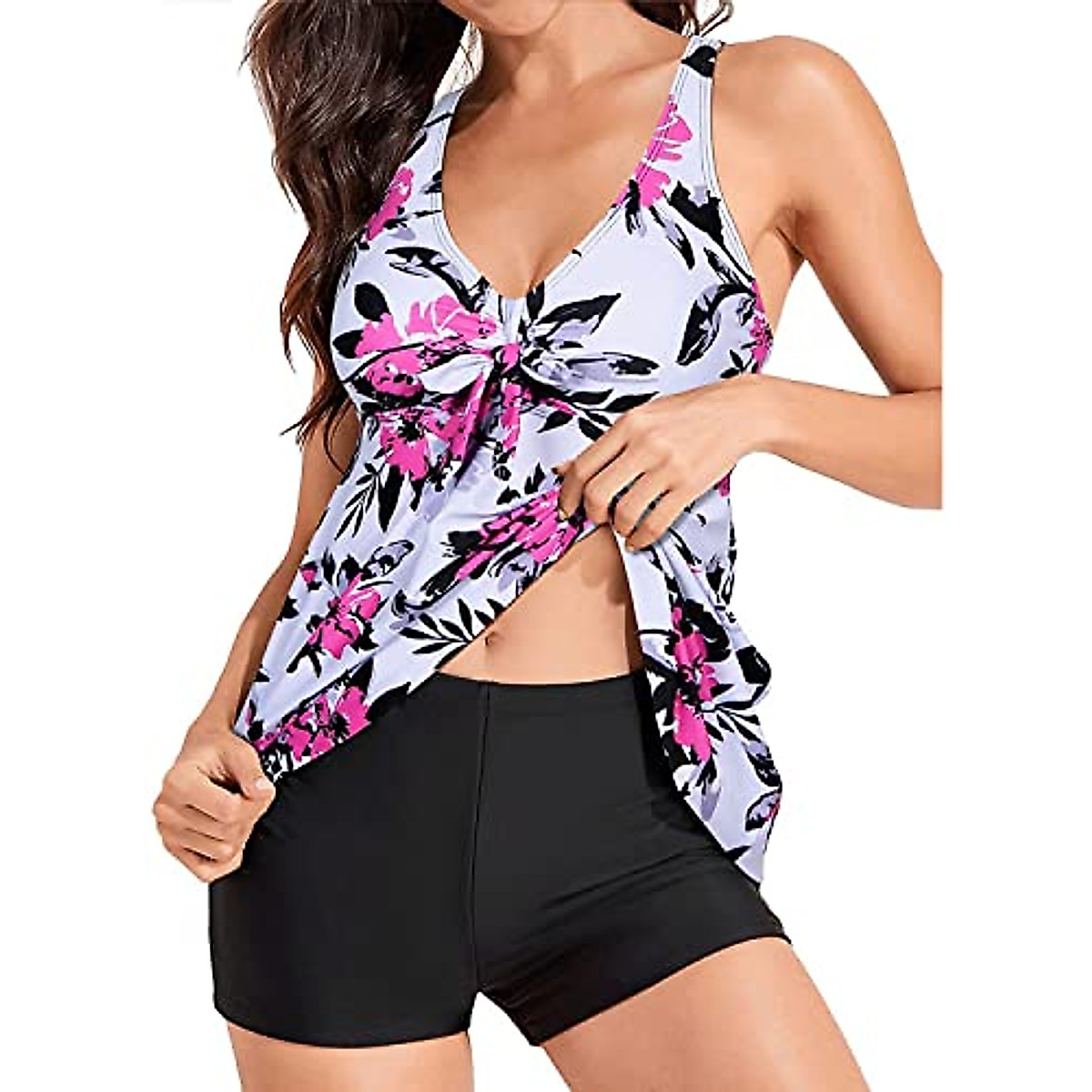 Yonique Women 2 Piece Flowy Tankini Swimsuits with Boyshorts V Neck Swim Tank Tops Bathing Suits Modest Swimwear Pink Flower XL