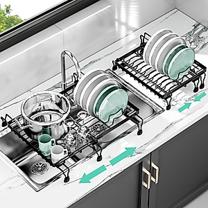 Extra Large Black Expandable Roll Up Dish Drying Rack,Over The Sink Kitchen Rolling up Dish Drainer in Sink, for Kitchen Sink Counter，Foldable Sink Cover with Removable Utensil Holder(13.6"-25.1")