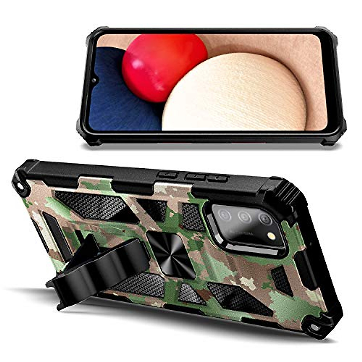 NZND Case for Samsung Galaxy A03S with Tempered Glass Screen Protector (Maximum Coverage), Full-Body Protective [Military-Grade] Built-in Kickstand Car Magnetic Heavy-Duty Phone Cover Case (Camo)