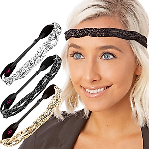 Hipsy Women's Adjustable Cute Fashion Bling Glitter Headband Braid Hairband Multi Pack (3pk Gold/Black/Silver Braided Bling Glitter)
