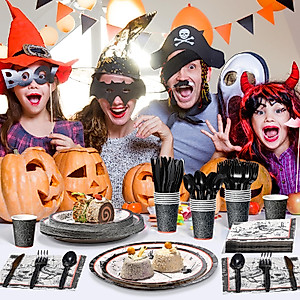 Halloween Party Plates Supplies,Disposable Vintage Skull,Spider Web Tableware Paper Plates and Napkins Cups Knives Spoons Forks for Halloween Birthday Baby Shower Party Decorations,Serve 50 Guests