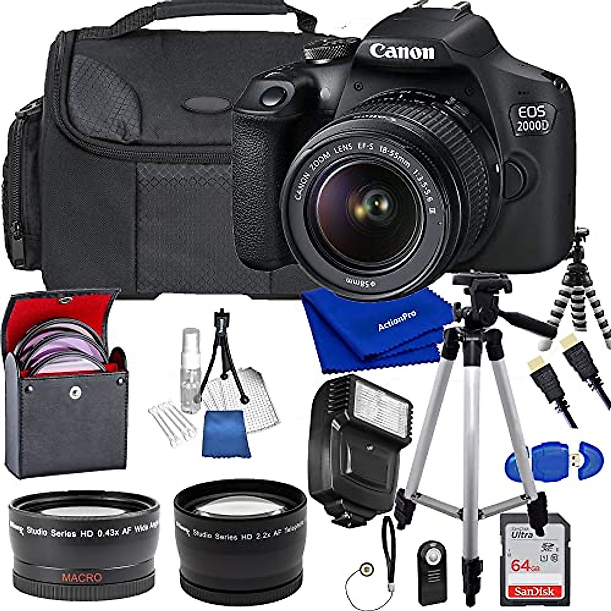 Canon Intl. Canon EOS 2000D / Rebel T7 DSLR Camera with Canon EF-S 18-55mm F/3.5-5.6 III Zoom Lens, Bundle Including 64GB Memory Card, Bag, Tripod, Flash, Filters and More (Large Kit)