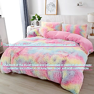 RYNGHIPY 3Pcs Rainbow Girls Bedding Sets Twin Size Ultra Soft Long Hair Plush Shaggy Duvet Cover with Pillowcases Colorful Tie Dye Bedding Set with Hidden Zipper Closure (Colorful Pink,Twin)