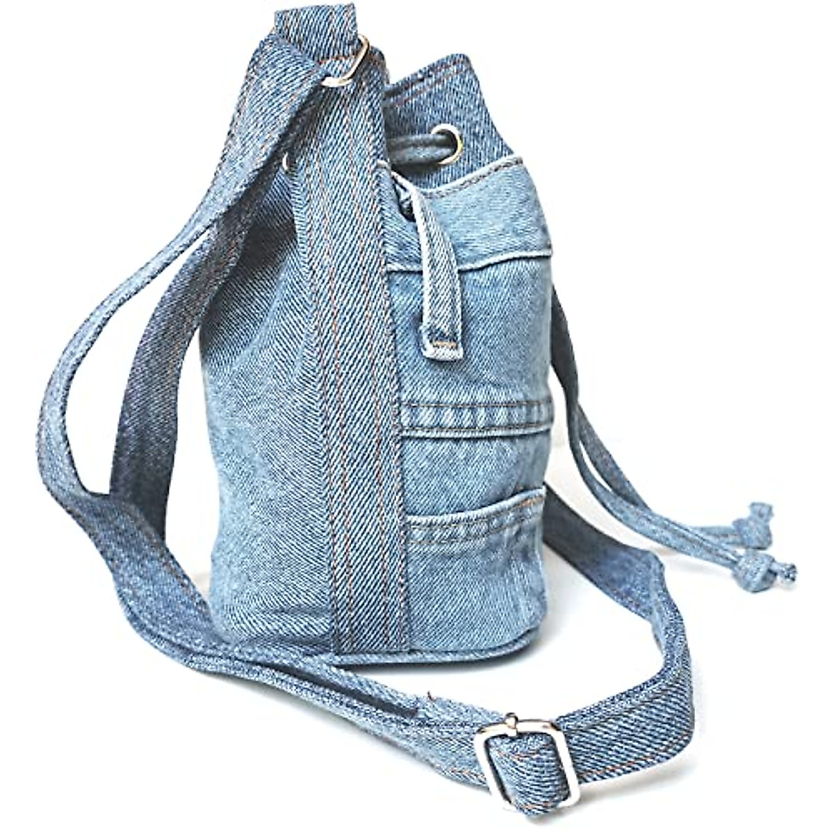 Bijoux De Ja Upcycling Blue Denim Jeans Small Drawstring Crossbody Bag Bucket Pouch Sac Shoulder Handbag Purse