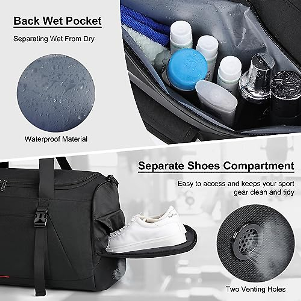 Gym Bag for Men Women 40L Water Resistant Sports Bag Gym Duffle Bag with Wet Pocket Large Travel Duffel Bag Weekender Overnight Bag with Shoe Compartment Black