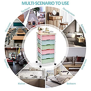 TOOLF Rolling Storage Cart with 6 Drawers, Wooden Tabletop, Easy Movement, Large Capacity, Durable Construction & Colorful Style in White Bar