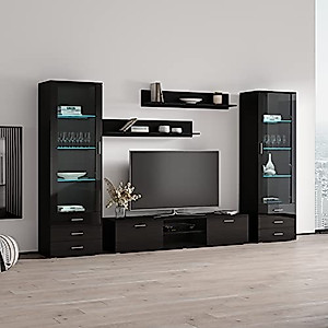 MEBLE FURNITURE & RUGS SOHO 4 Modern Wall Unit with 16 Colors LED Lights (Black)