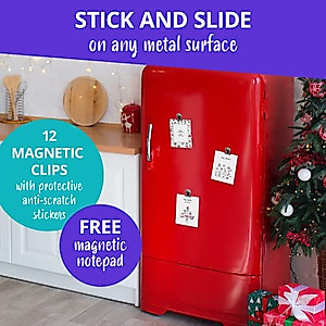 Papercode Magnetic Clips for Whiteboard & Fridge - 12 Pack Scratch-Free Refrigerator Magnet Clips Heavy Duty for Organizing & Decorating Kitchen or Office with Free Notepad