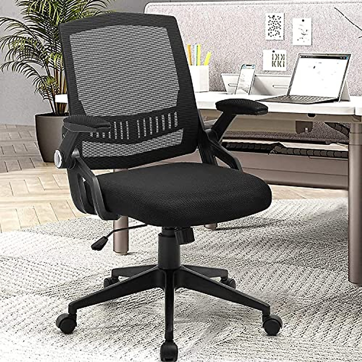 Nobofeeling Office Chair, Mesh Desk Executive Chair with 90° Flip-up Arms & Thick Cushion, Task Computer Home Chair with 5 Years Warranty, Black (Modern, Black) (Modern, Black)