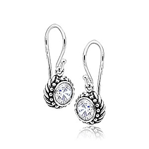 925 Sterling Silver Hanging Earrings With White Round Cubic Zirconia Antique Finish Beads & Rope Bezel Frame Hypoallergenic Nickel & Lead-free Artisan Handcrafted Designer, French Wire Earring Back