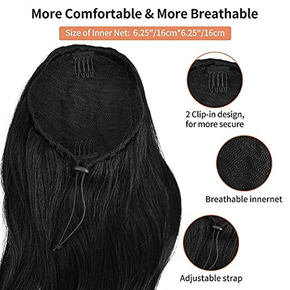 SEIKEA 26" Long Wavy Drawstring Ponytail, PT004 Gita for Black Women Natural Soft Clip in Ponytail Extension Synthetic Heat Resistant Hair Extensions Hairpiece Color Black