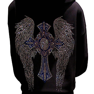 Multicolor Rhinestone Cross and Angel Wings Black Zipper Hoodie(XL)
