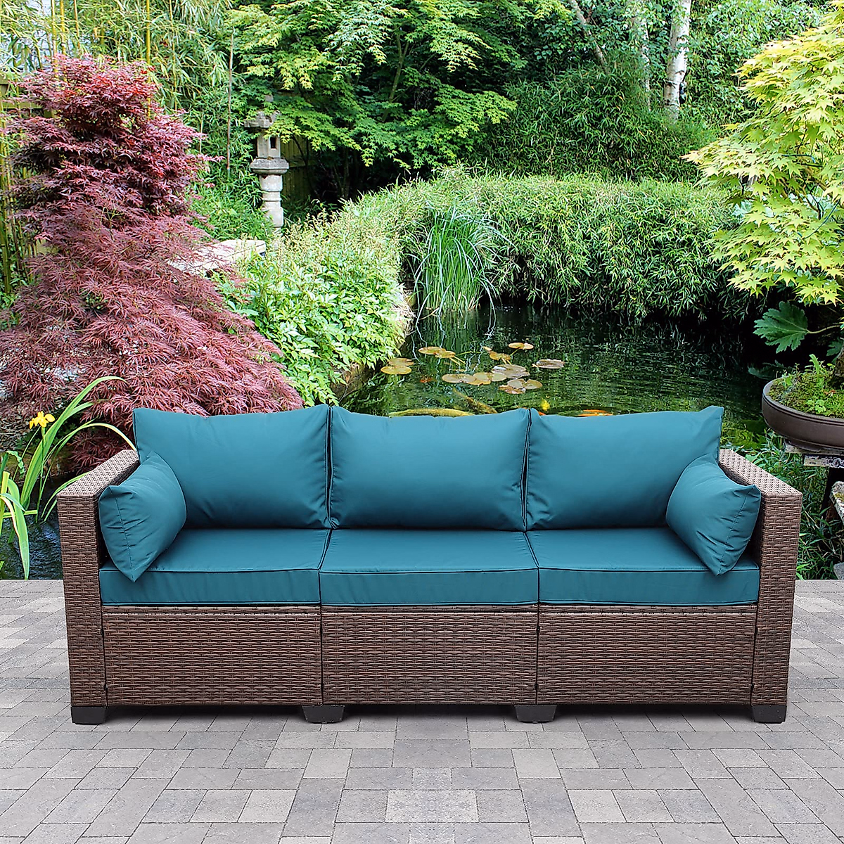 Valita 3-Seat Patio PE Wicker Couch Furniture Outdoor Brown Rattan Sofa with Washable Peacock Blue Cushions