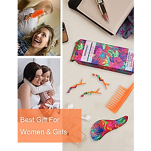 Detangling Hairbrush and Comb Set - Detangling Brush for Wet, Dry, Curly, Women & Kids Hair with Wide Tooth Comb and 3 Alligator Styling Sectioning Clips of Professional Hair Salon Quality (Tropica Plants)