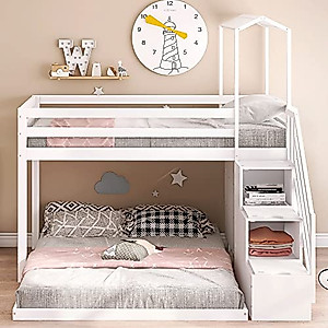 Harper & Bright Designs Twin Over Full Bunk Bed, Wood House Roof Bunk Bed Frame with Staircase and Shelves, Bedroom Furniture (White, Twin/Full)