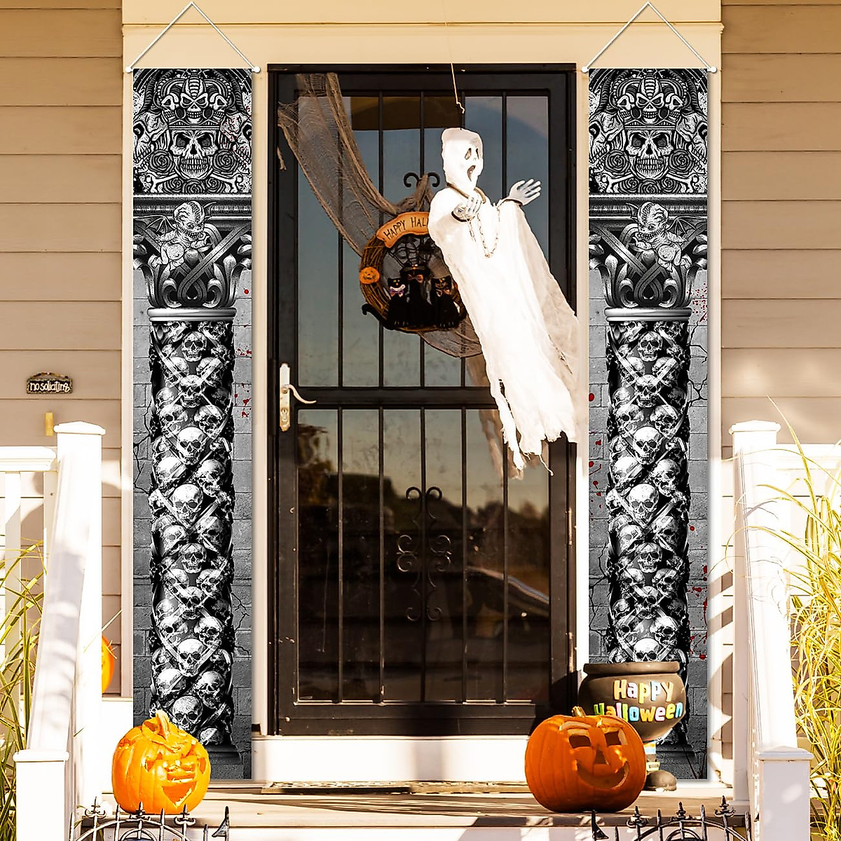 Halloween Gothic Mansion Banners Halloween Skull Hanging Porch Sign with Welcome Foolish Mortals Banner Spooky Halloween Pillar Sign Home Indoor Outdoor Party Supplie