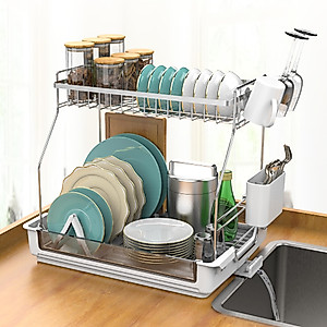 EMT ETRENDS Large Capacity Dish Drying Rack,Rust Resistant Dish Rack for Kitchen, Compact and Foldaway Dish Drainer with Removable Drainboard, Utensil/Cutlery Holder , Plastic, White