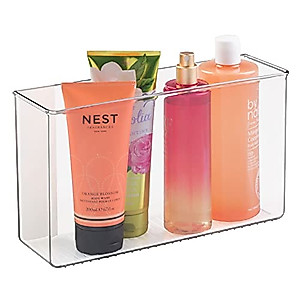 mDesign Plastic Storage Organizer Bin, Adhesive Mount for Cabinets & Walls in Bathroom, Vanity, Under Sink, Holds Body Wash, Shampoo, Lotion, Brushes, Hair Spray, Ligne Collection, 2 Pack, Clear