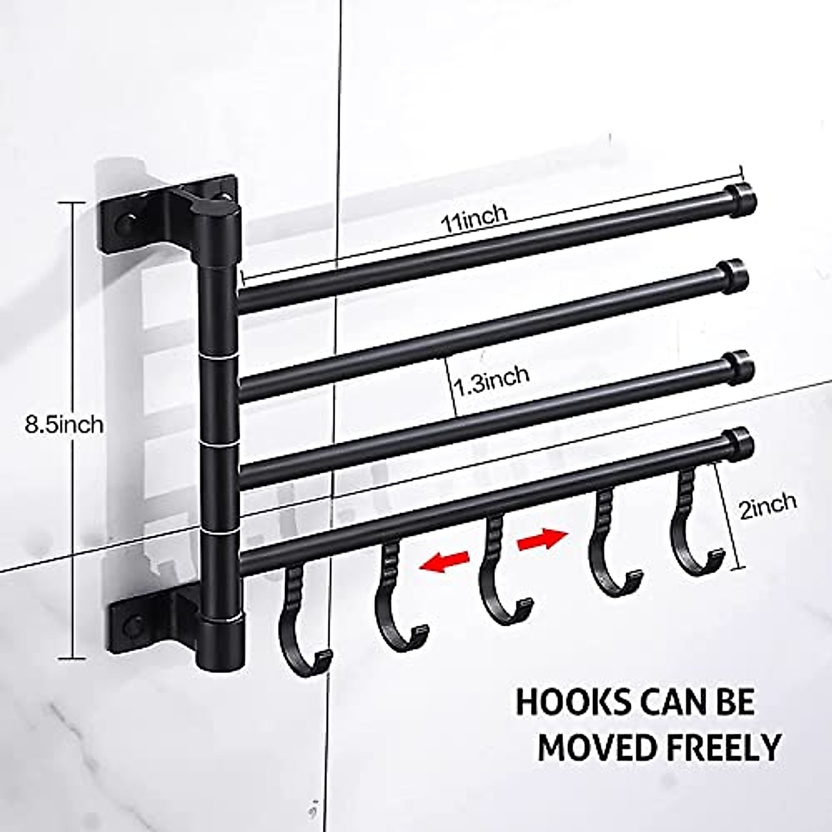 Swivel Towel Rack, 4-Arm Bathroom Wall Mounted Swivel Towel Bars Holder with Hooks Rustproof 180° Rotation Towel Organizer for Bathroom Kitchen