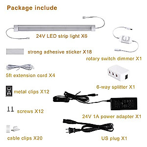 LED Under Counter Light Fixtures, 6pcs Hardwired Dimmable Cabinet Strip Lights Kit, 12 in 24V Plug in Linkable Cabinet Lights for Kitchen, Closet, Showcase, Bar, Shelf Lighting(Day White,6000K)