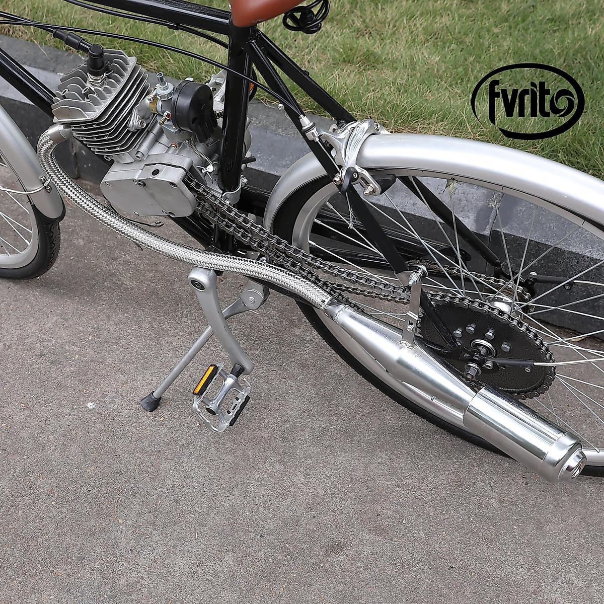 FVRITO Viper Flexible Exhaust Muffler Pipe Silencer with Hardware for 2 Stroke 49cc 60cc 66cc 80cc 100cc Engine Gas Motorized Bicycle Motor Bike Parts Silver