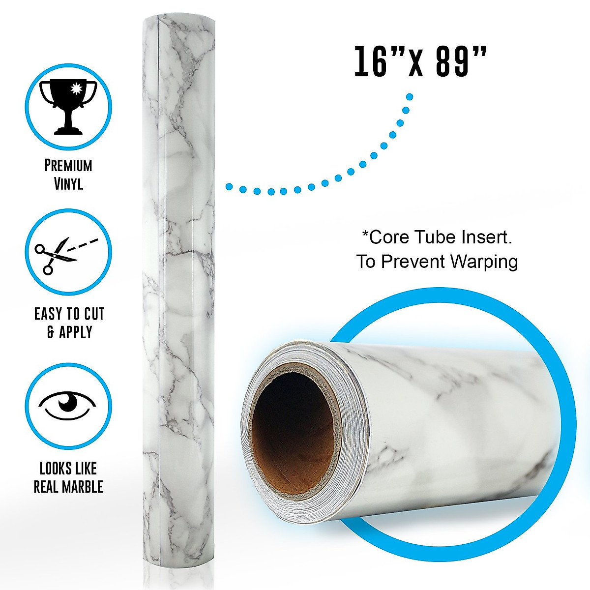 Craftopia Adhesive Craft Vinyl Roll | White Marble Vinyl, Bamboo, Wood Grain | Various Sizes & Designs (White/Gray Marble Vinyl Adhesive Pack of 5).