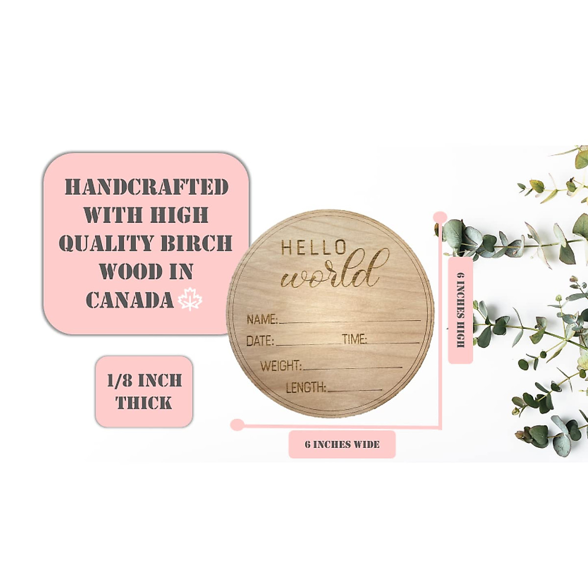 2OWLS Baby Birth Announcement Disc, Baby Birth Stat Plaque, Size 6" X 6", "Hello World" Newborn Sign. Baby Photography Prop and Keepsake. A Wooden Boho Baby Nursery.