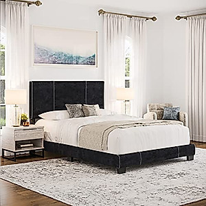Boyd Sleep Reunion Platform Bed Frame with Fabric Upholstered Headboard and Wooden Slats Supports, Box Spring Required: Velvet, Black, Queen