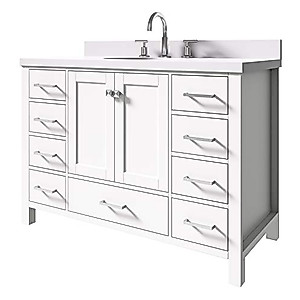 ARIEL Bathroom Vanity 49" Inch in White with Pure White Quartz Countertop, Oval Sink, 2 Soft Closing Doors and 9 Full Extension Dovetail Drawers, No Mirror