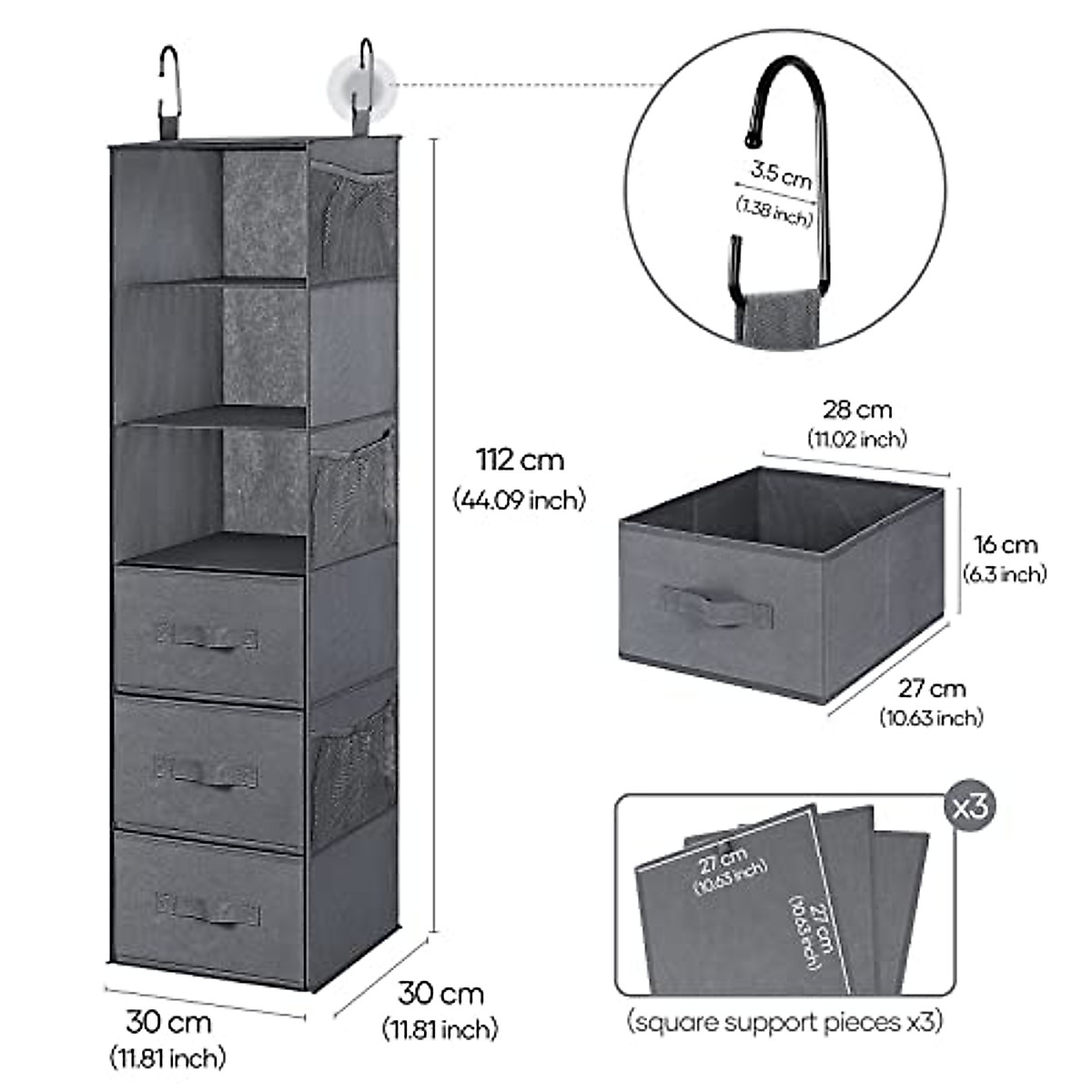 HAITRAL Hanging Closet Organizer - 6-Shelf Hanging Storage Shelves with 3 Drawers & Side Pocket - Multi-Function Foldable Cube Wardrobe for Home, Dorm, Apartment