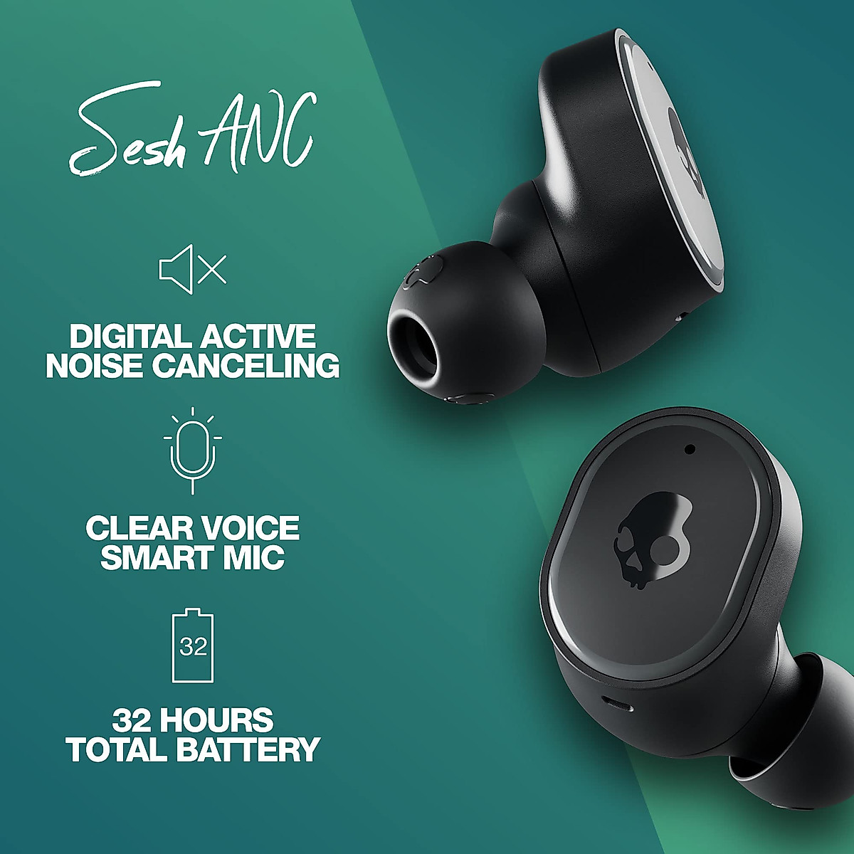 Skullcandy Sesh ANC In-Ear Noise cancelling Wireless Earbuds, 32 Hr Battery, Microphone, Works with iPhone Android and Bluetooth Devices - Black(Renewed) (Renewed)